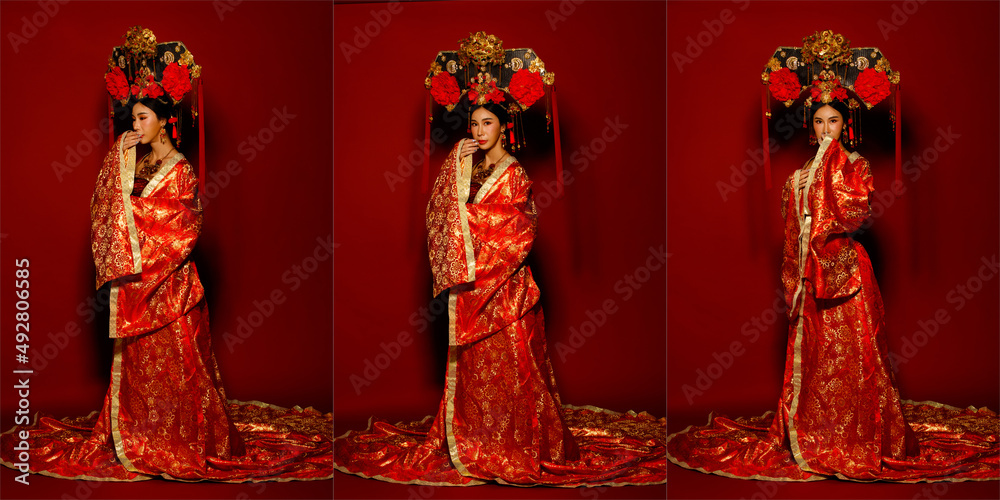 Asian Woman wear China Royal empress traditional costume with golden ...