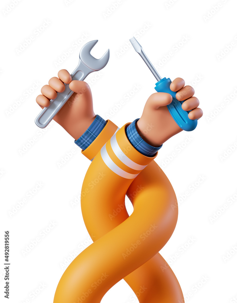 3d render, cartoon tangled flexible human hands hold screwdriver and ...