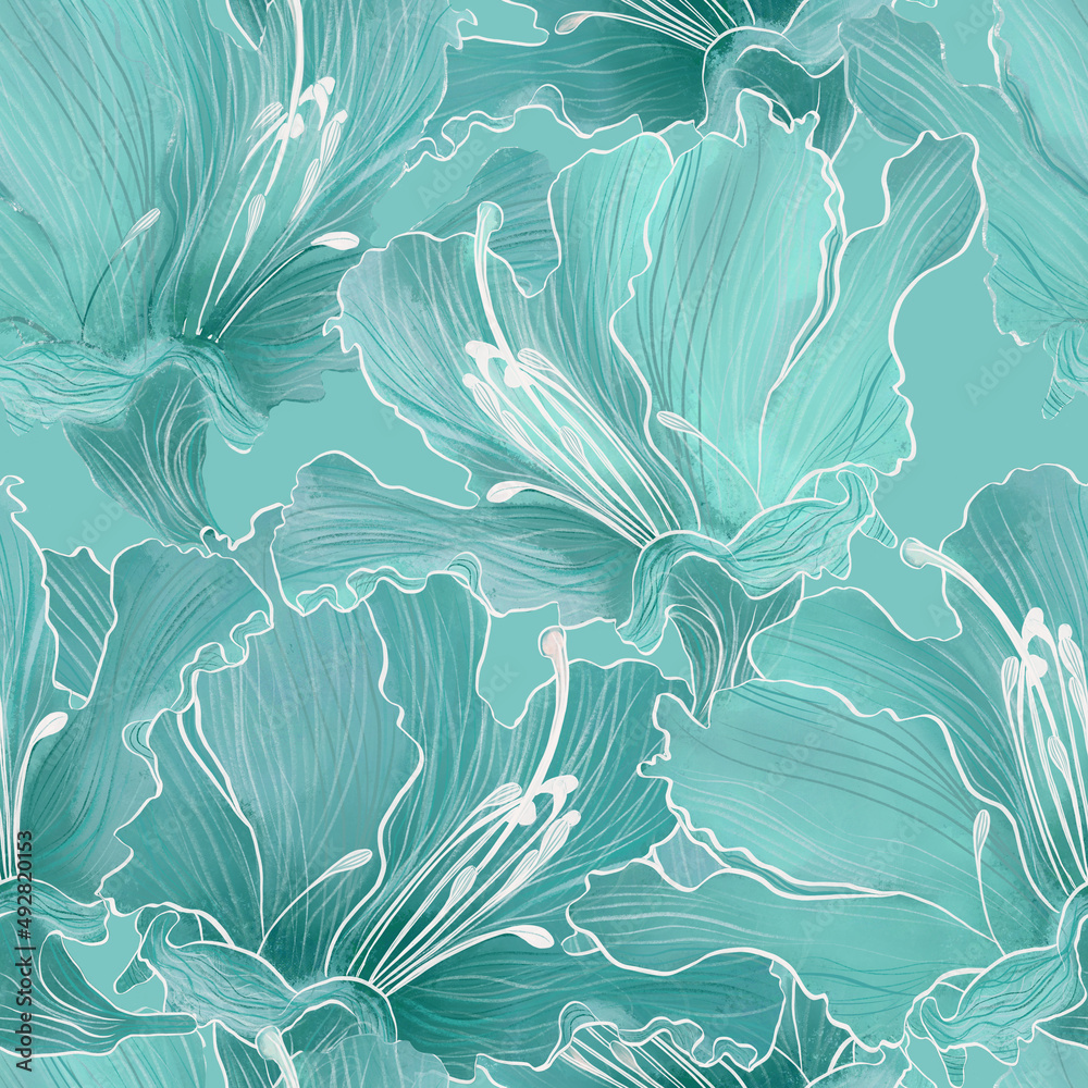 Seamless trendy patterns with teal turquoise azalea and rhododendron ...