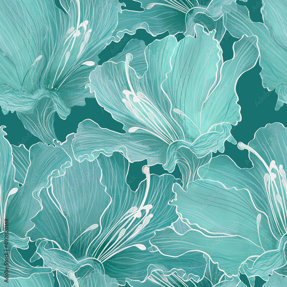 Seamless trendy patterns with teal turquoise azalea and rhododendron ...