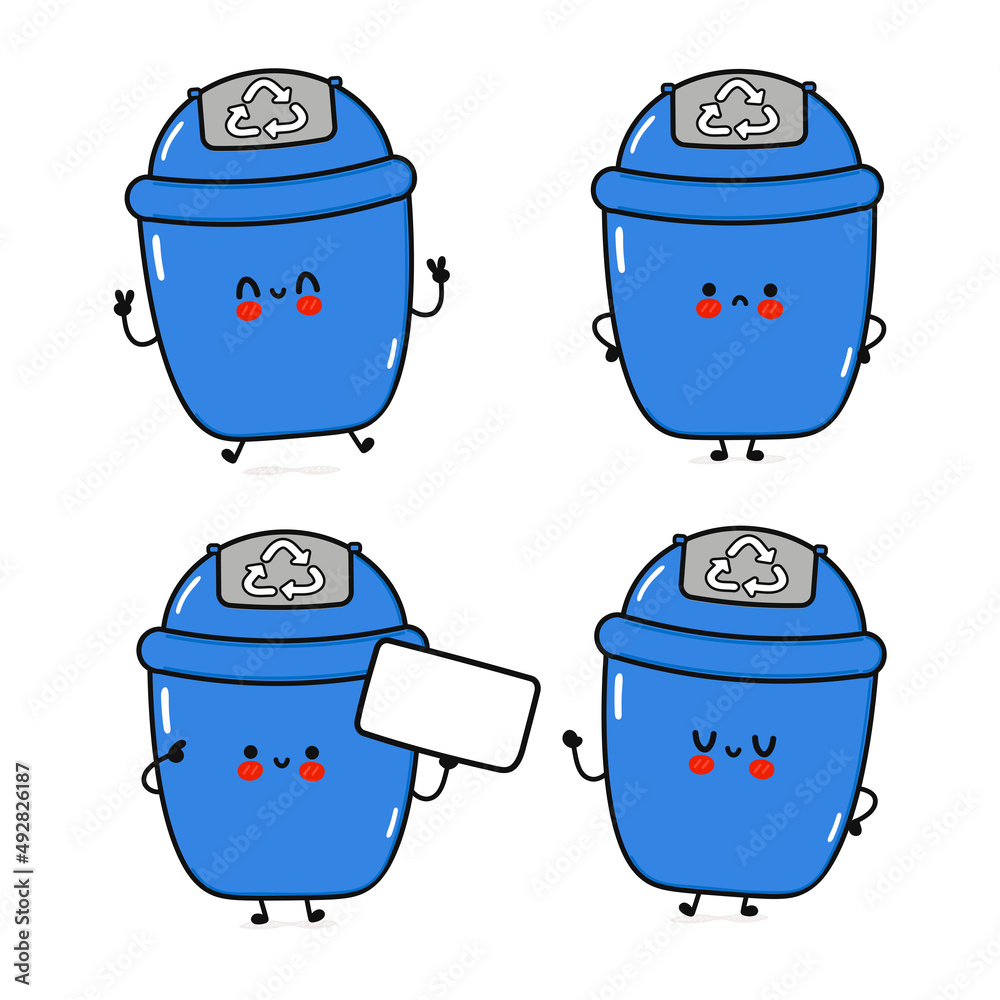 Funny Cute Happy Trash Can Characters Bundle Set Vector Hand Drawn