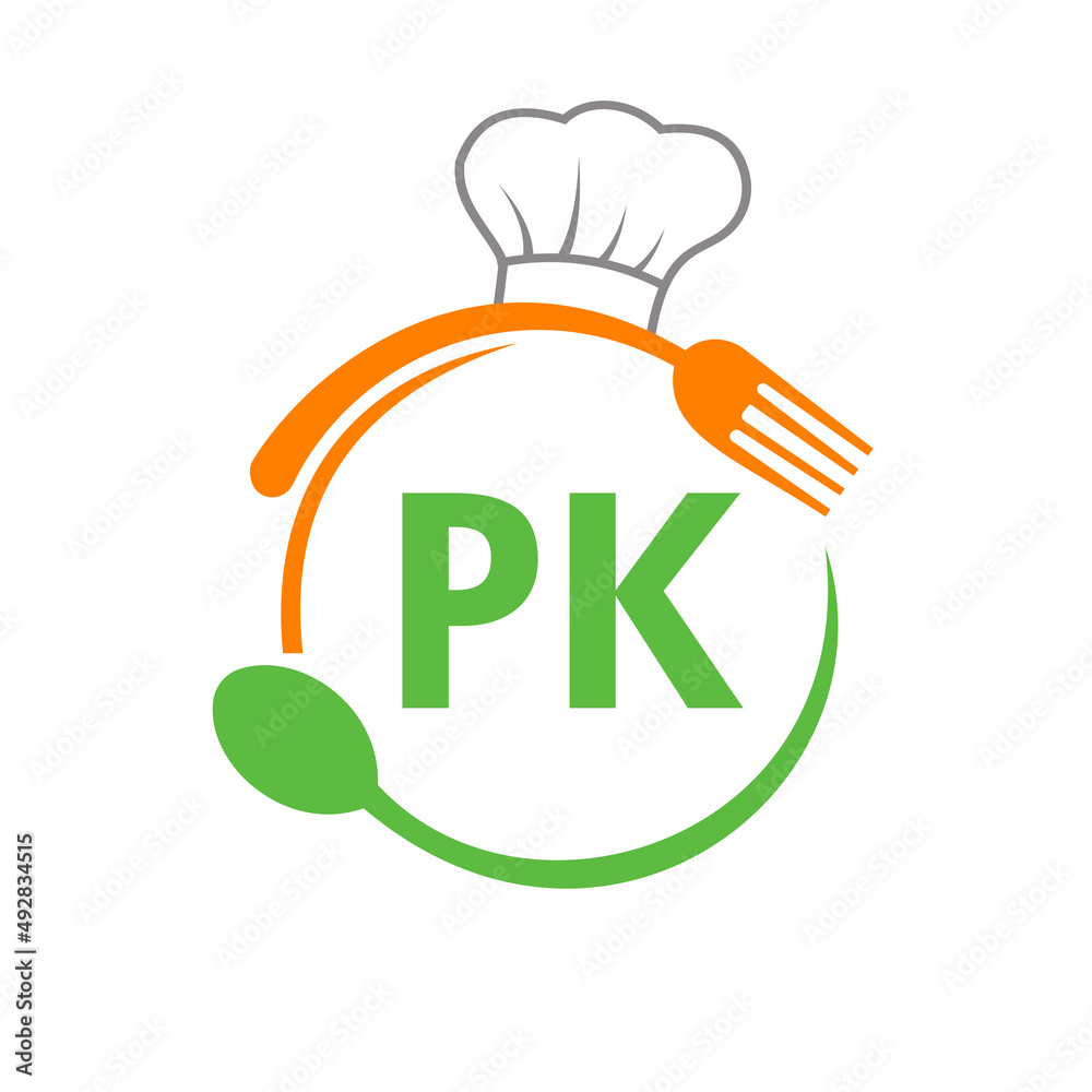 Letter PK Restaurant Logo with Chef Hat Spoon And Fork Template ...