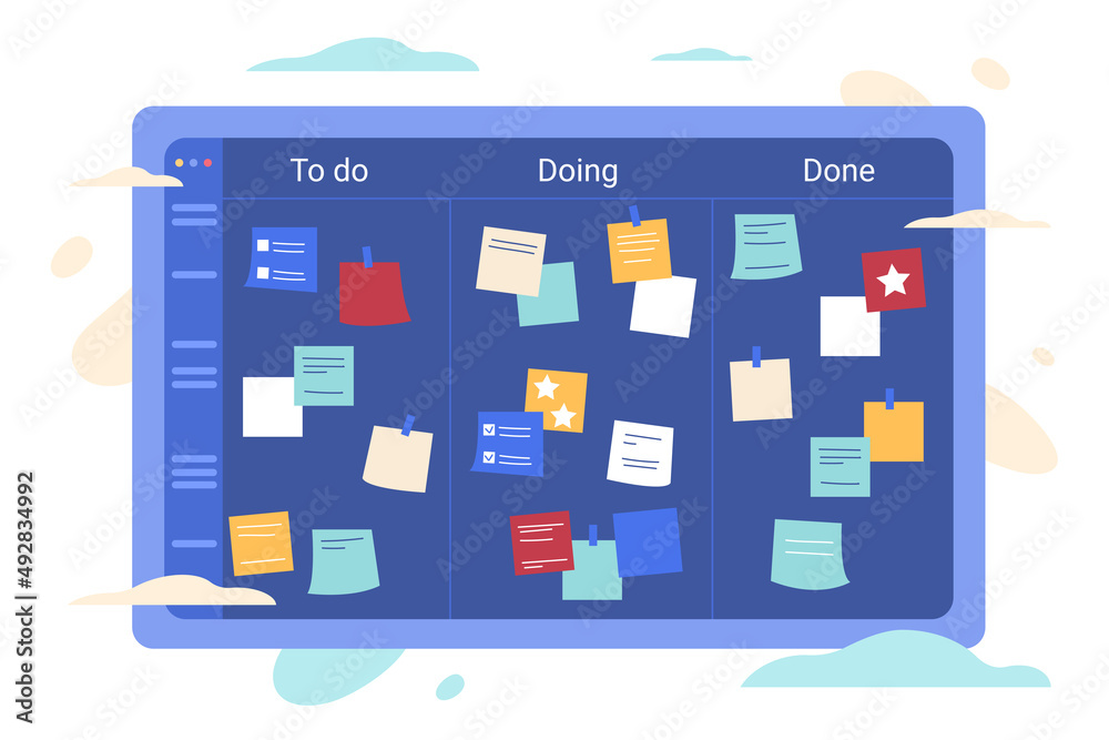 Plakat Color stick paper note on kanban task board. Flat blue scrum ...