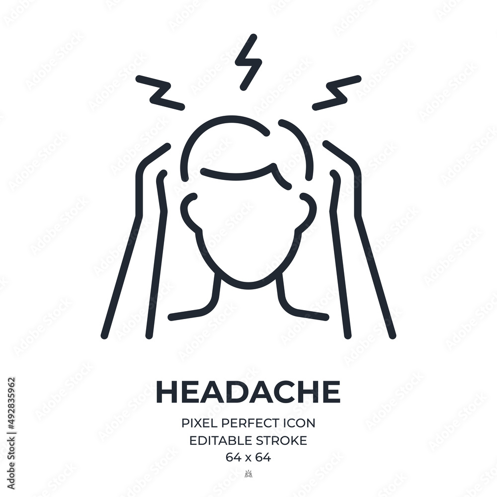 Headache editable stroke outline icon isolated on white background flat ...