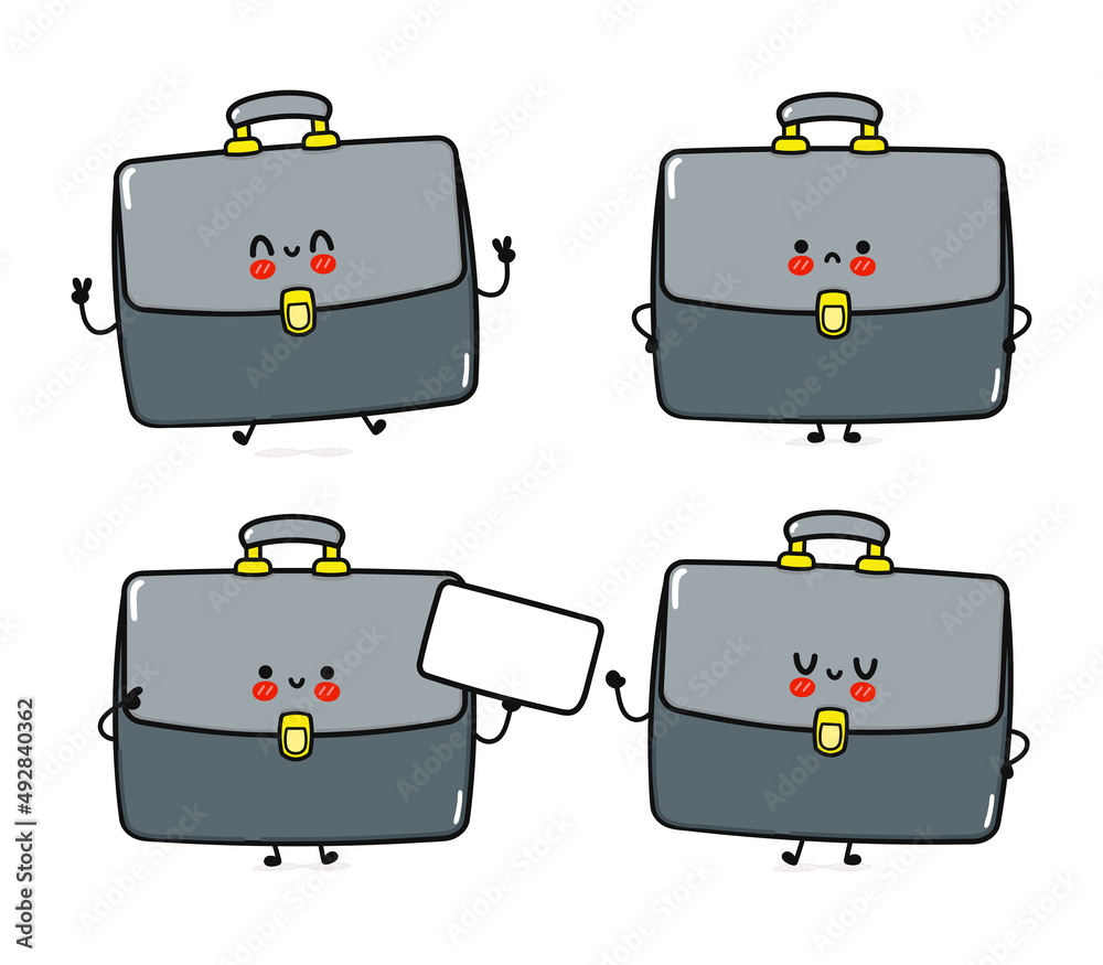 Funny cute happy work bag characters bundle set. Vector hand drawn ...
