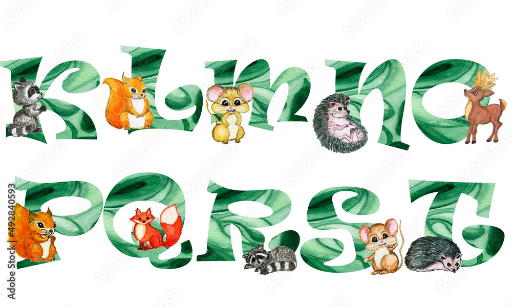 Alphabet and numbers set with green watercolor fill and cute forest ...