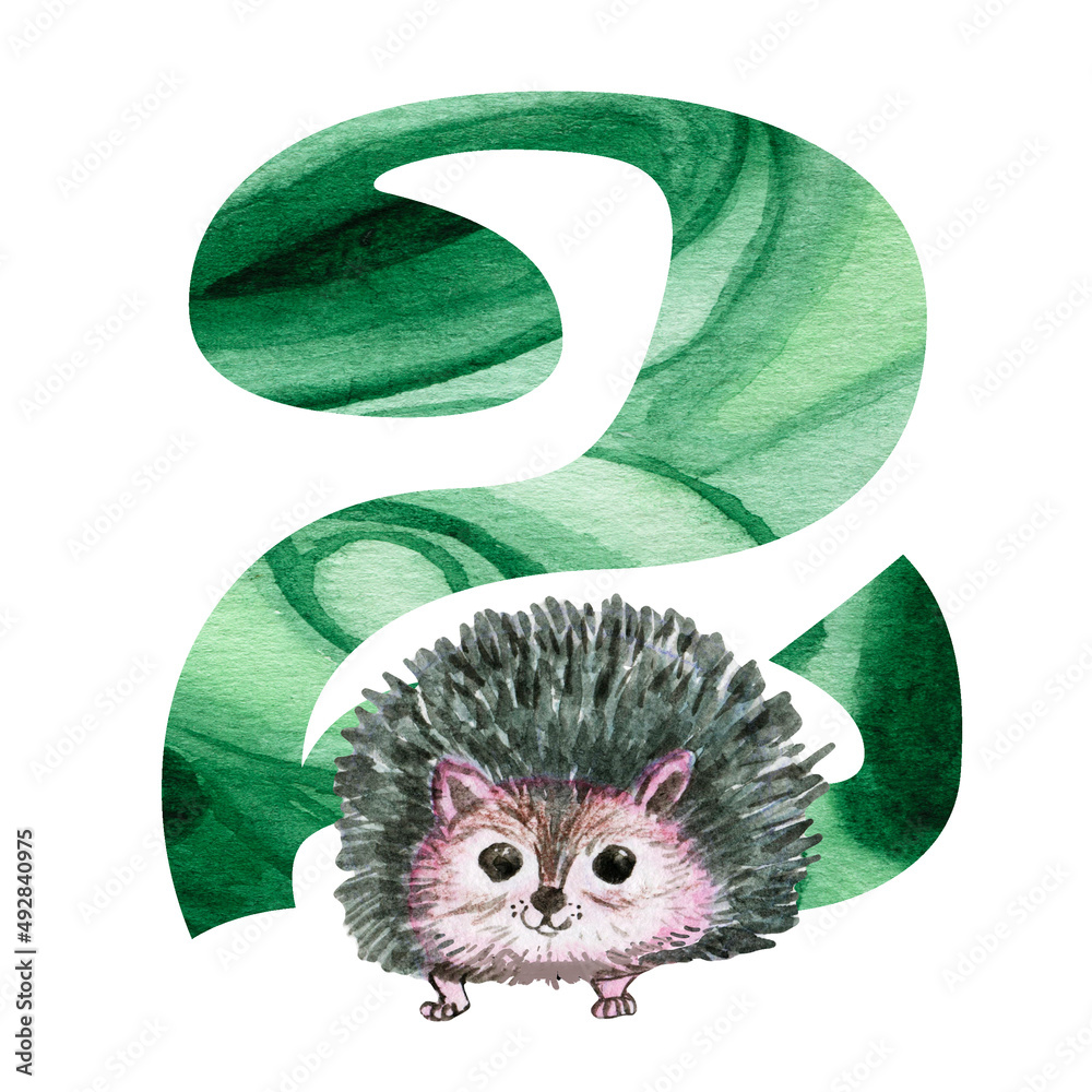 Alphabet and numbers set with green watercolor fill and cute forest ...
