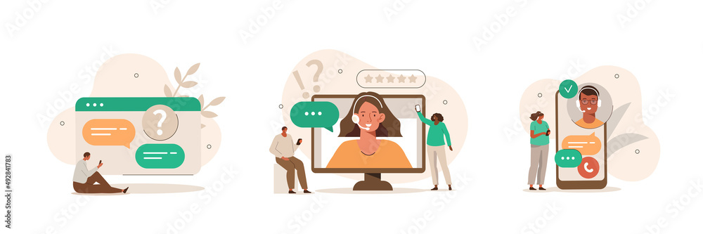 Customer support illustration set. Characters using online helpdesk ...