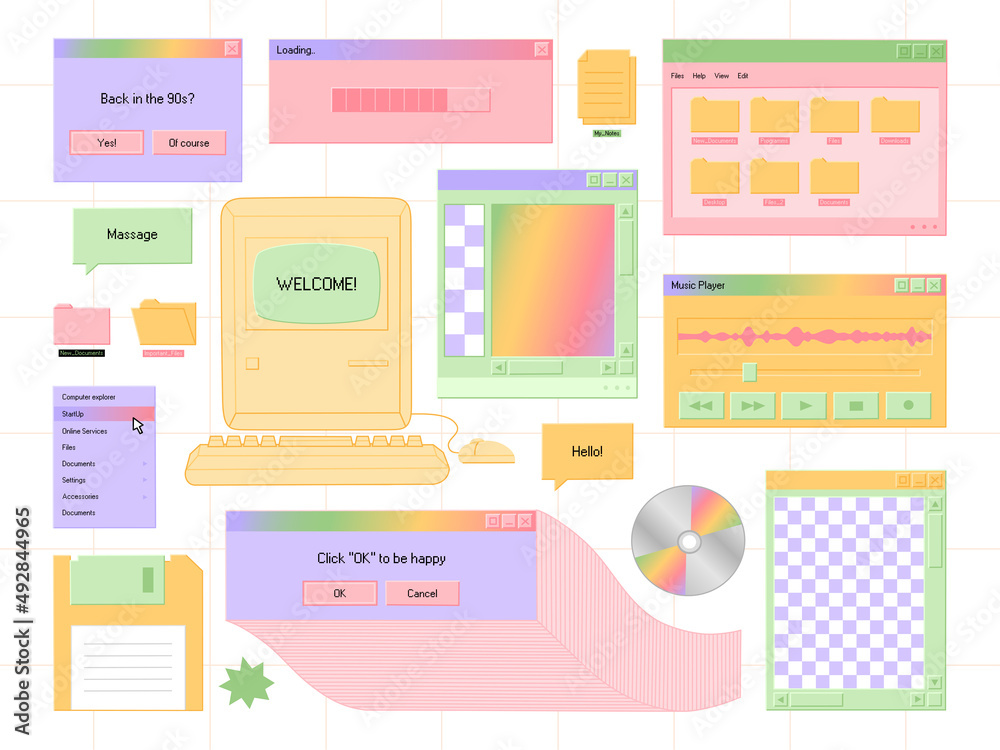 Set of retro user interface elements. Old computer 90s concept. Tabs ...