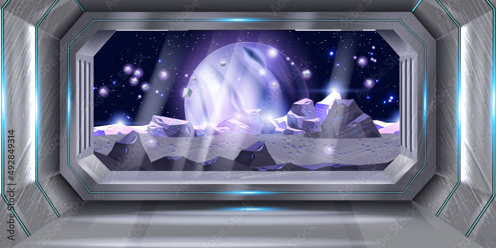 Vetor do Stock: Space ship interior, vector spacecraft station window ...