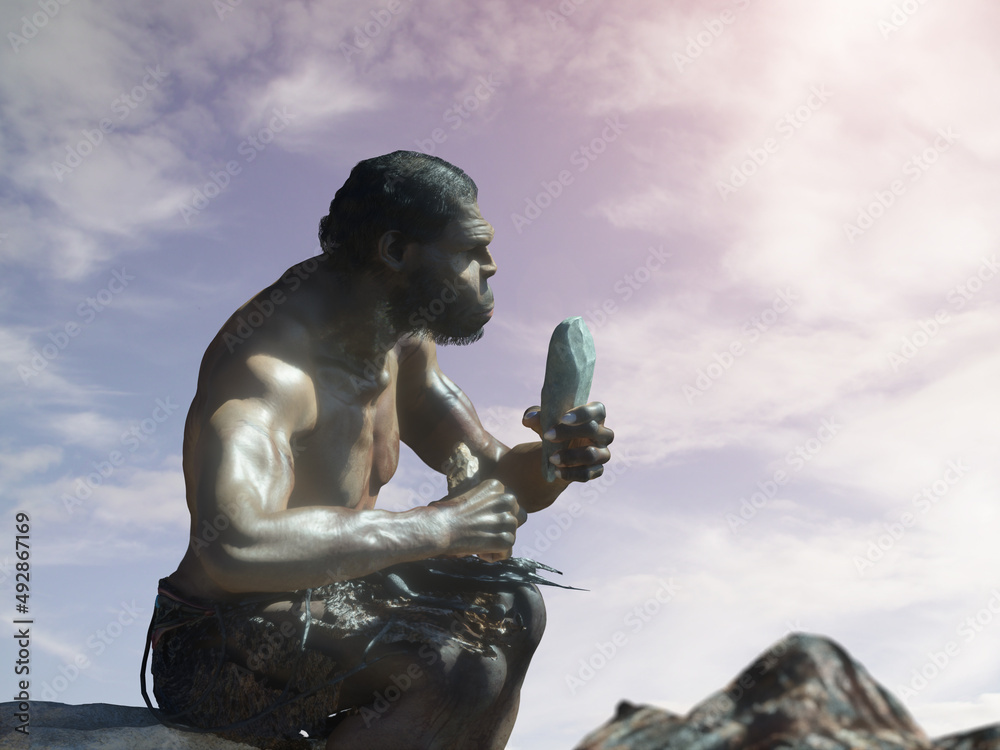 ancient primitive caveman with the stone in his hands render 3d Stock ...