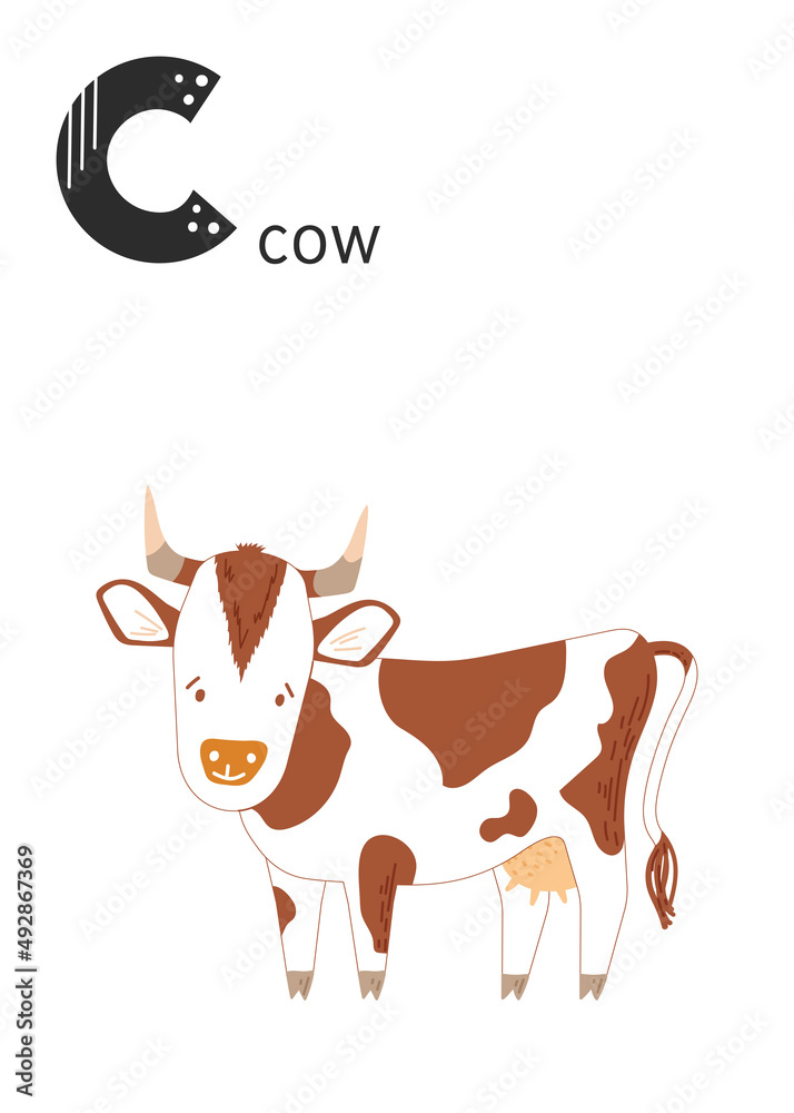 Animal alphabet. Hand-drawn cute cow. Cute zoo vector poster with ...