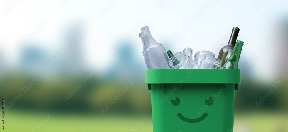 Smiling garbage can full of glass waste Stock Photo | Adobe Stock