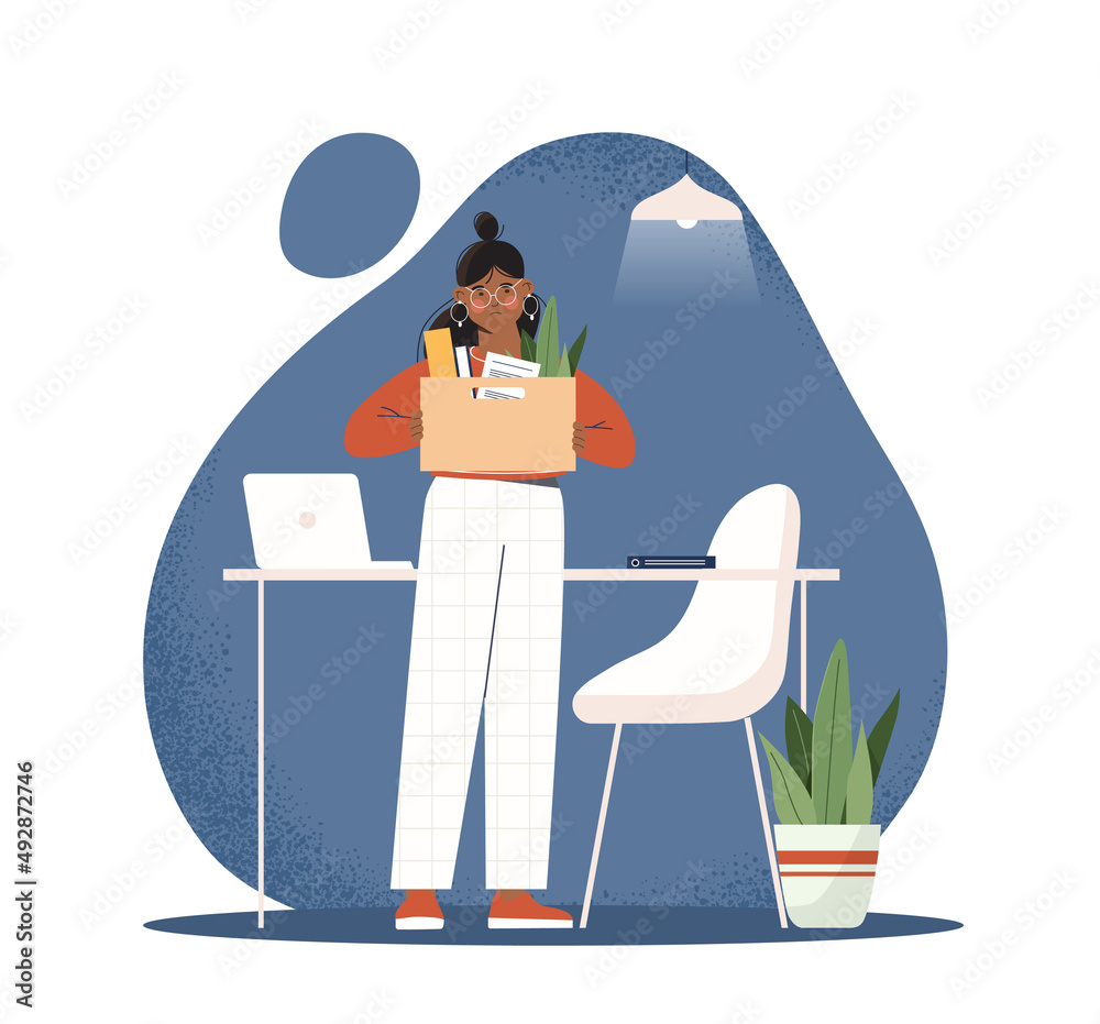Concept of dismissal. Sad girl collects her things in box, employee in ...
