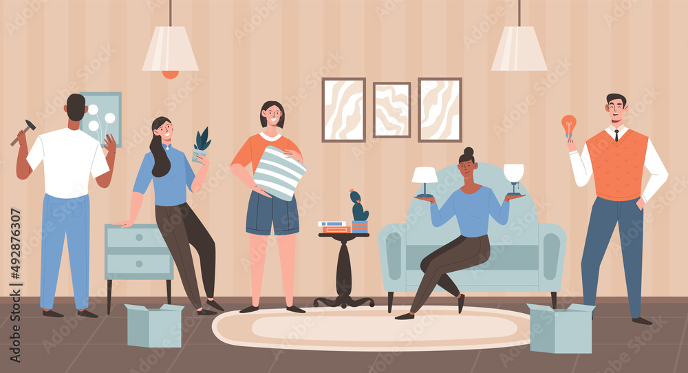 Home repair concept. People drive nails into wall, change wallpaper and ...