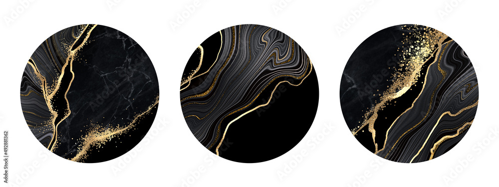 set of abstract round stickers with black marble texture. Marbling ...