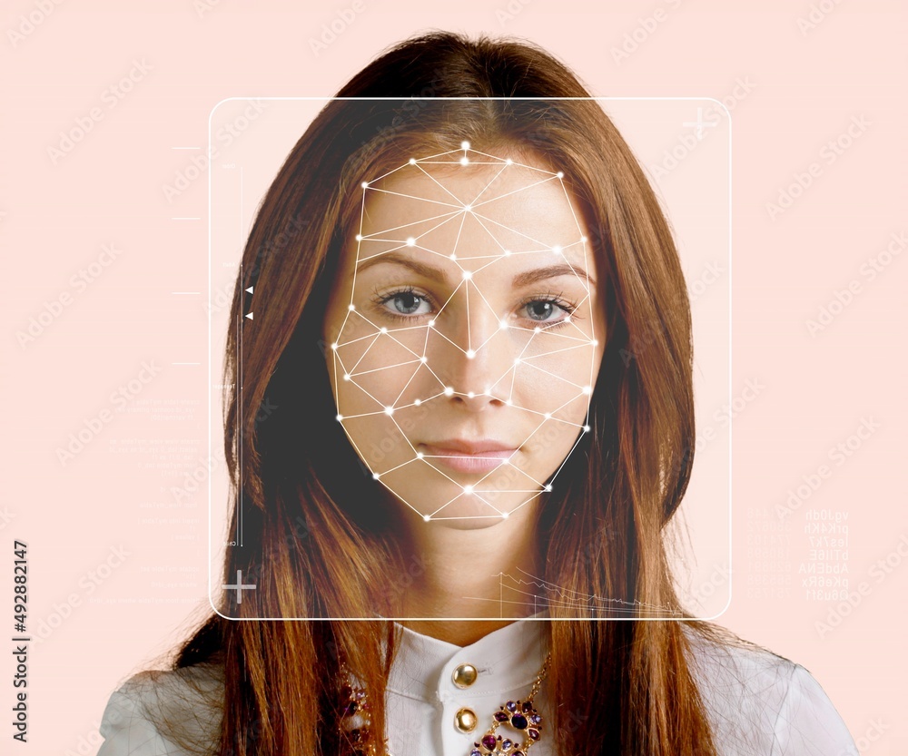 Serious Business Woman And Smart Technology For Face Recognition Double Exposure Biometric