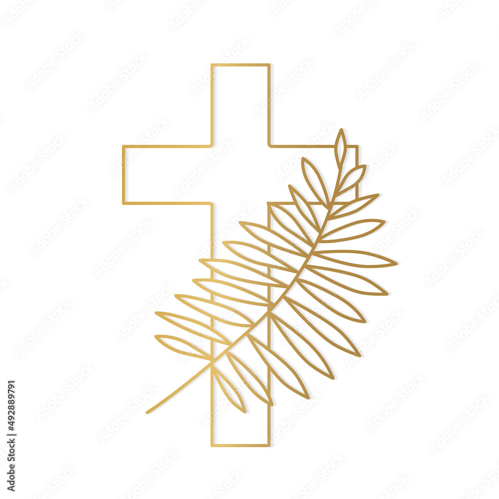 golden palm leaf and cross, christian Palm Sunday symbol- vector ...