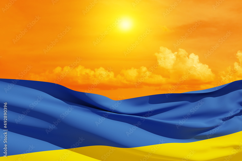 Ukraine flag on the orange sky with the sun and flying birds. Close up ...