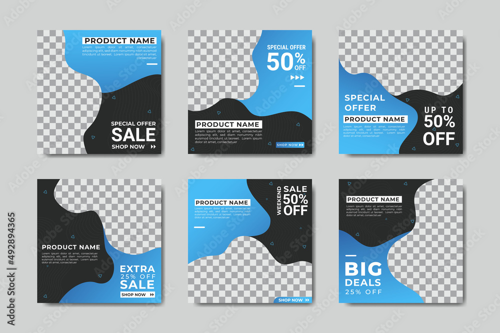 Set of Editable square instagram banner template. Black and blue ...
