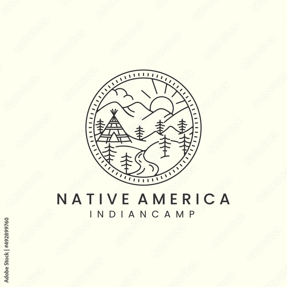 indian camp and mountain with badge and line art style logo icon ...