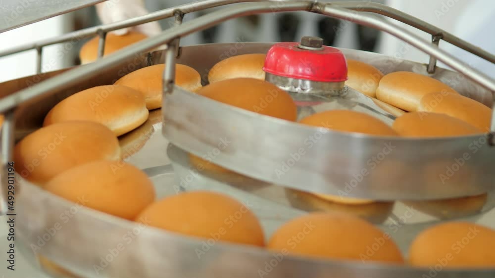 Vidéo Stock Hamburger buns on the baking line.Hot round delicious ...