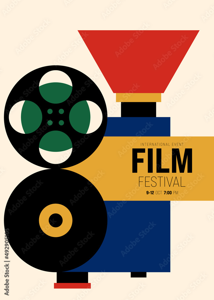 Movie and film poster design template background with vintage camera ...