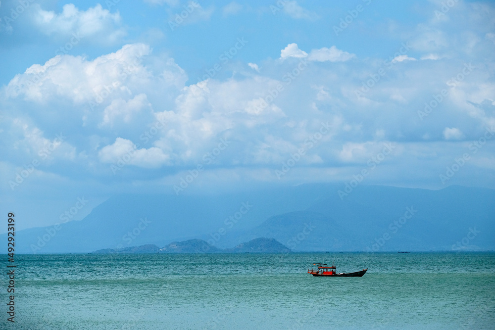 Kep, Cambodia - February 2022: Fishing boat on Kep beach on February 15 ...