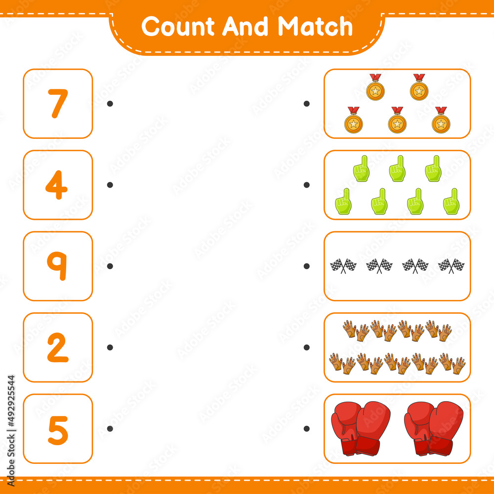 Count and match, count the number of Foam Finger, Trophy, Flags, Gloves ...