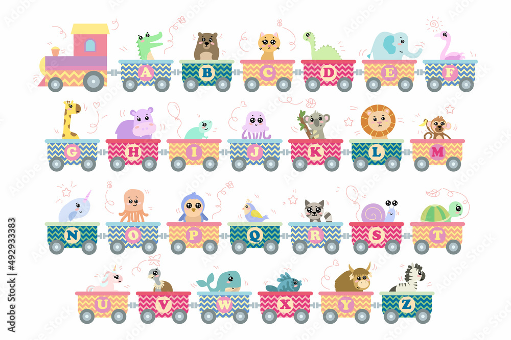 Alphabet train with animals set. Vector illustrations of abc for ...