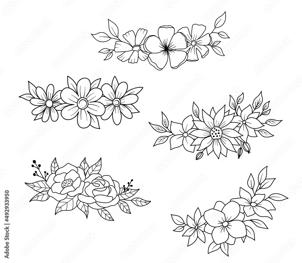 Set of Flower border with flowers and leaves in outline style. Vector ...