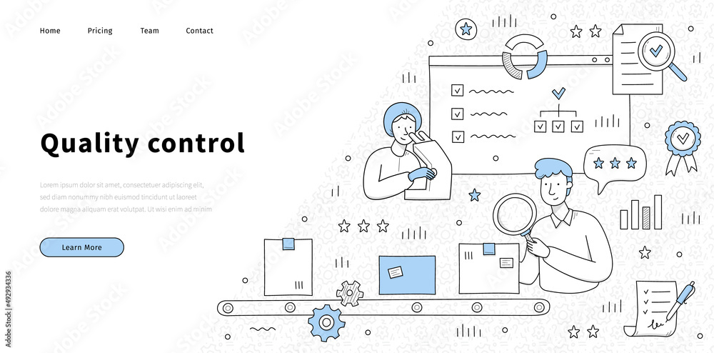 Quality control doodle landing page. Inspectors testing production on ...