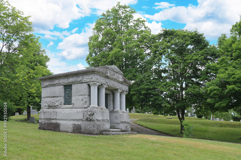 crypt graveyard cemetery mowed lawn memorial sad prayer remember stone ...