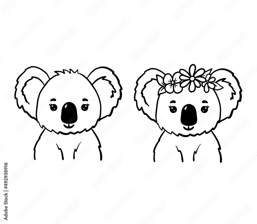 Cute koala in floral wreath. Line australian animal .Vector outline ...