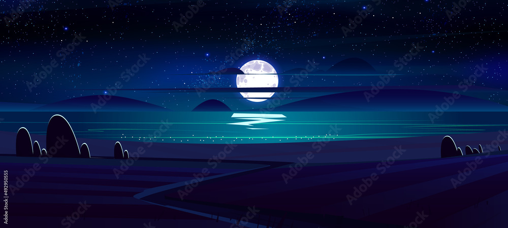 Night landscape with meadow, rural field, pond and road under dark blue ...