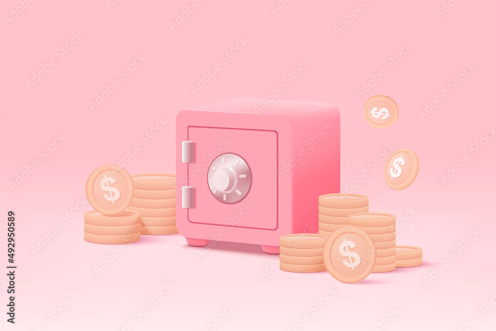 3d safe box minimal design for treasure on pink pastel background ...