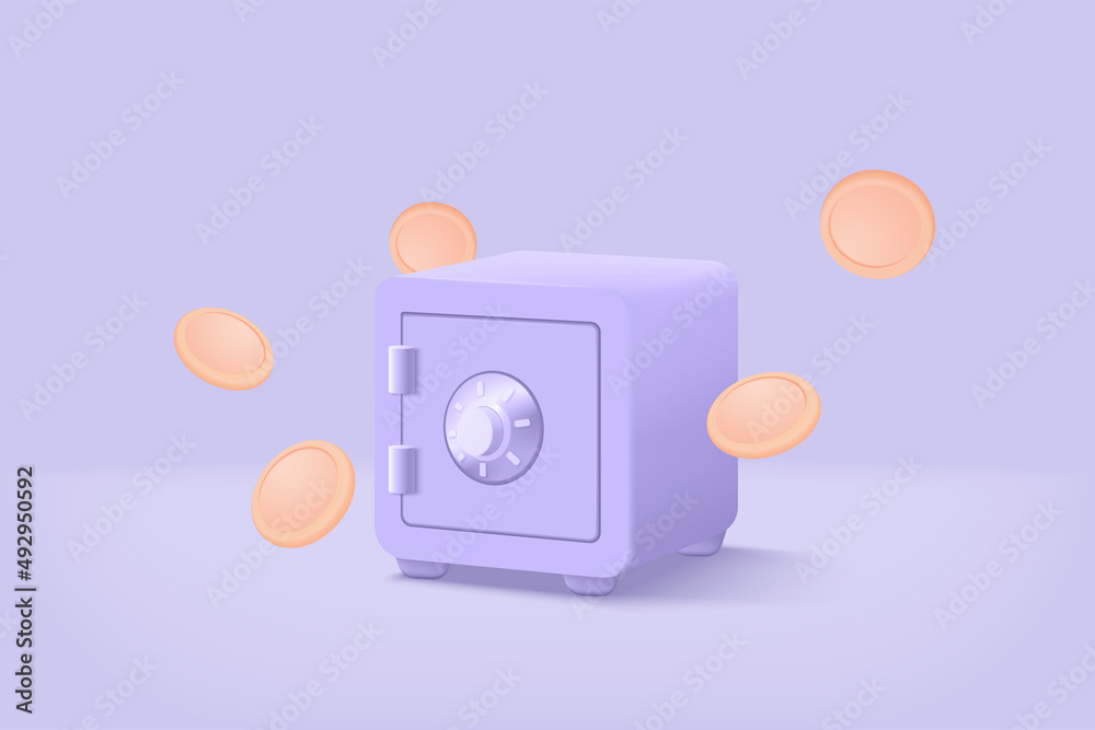 3d safe box minimal design for treasure on purple pastel background ...