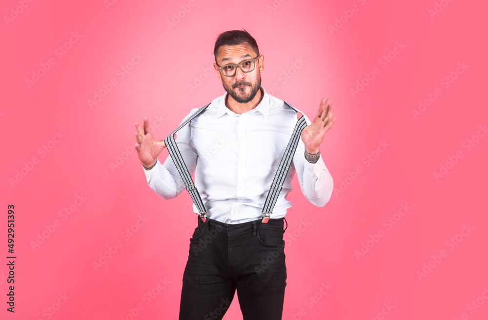 Freak guy. Portrait of funny funky crazy man with suspenders feel ...