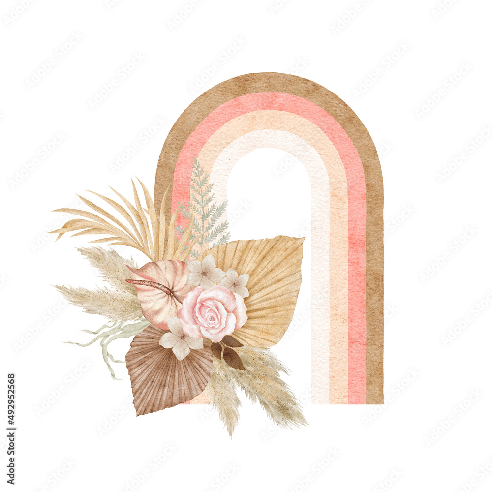 Watercolor boho tropical arrangement with rainbow. Dried flowers ...