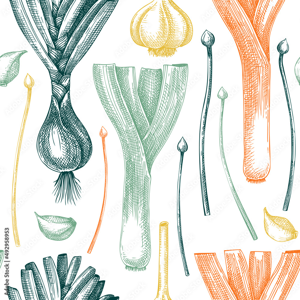 Fresh leek sketch background. Hand-sketched Vegetable seamless pattern ...