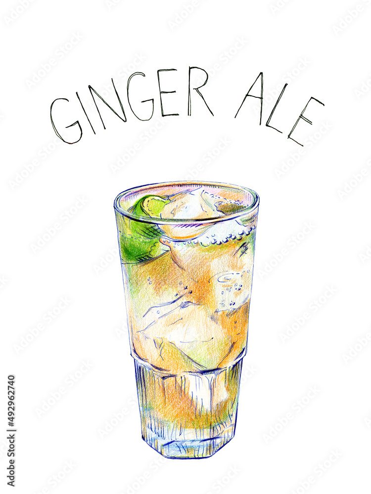 Ginger ale golden mix drink, gas bubbles. A glass of chilled carbonated ...
