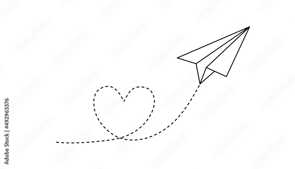 Paper plane with heart shaped dotted path. Love travel concept. Paper ...