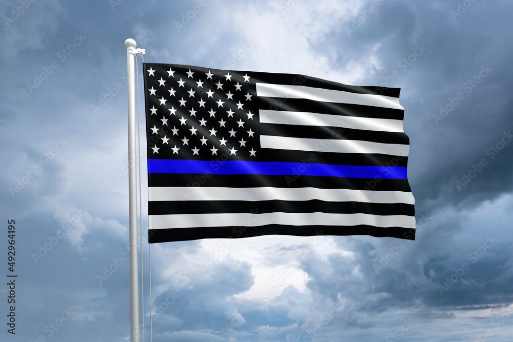 USA Blue lives matter thin blue line flag on a flagpole. American ...