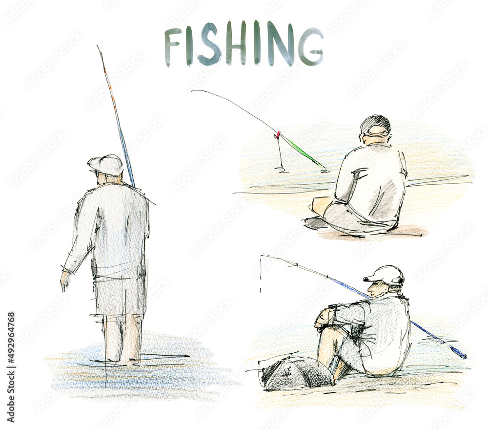 Set fishing sketch. A man with a fishing rod net in his hand fishing in ...