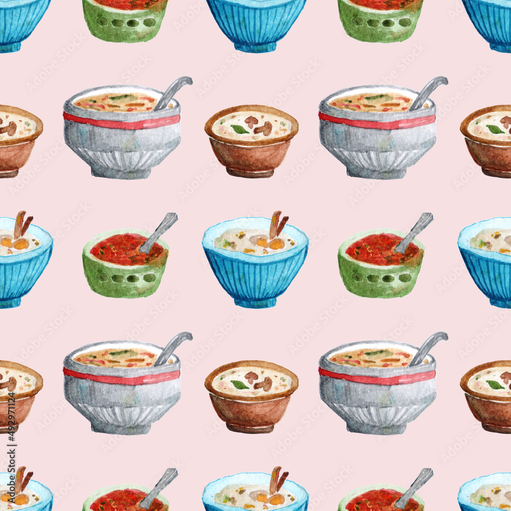 Watercolor seamless pattern with soup plates on a pink background ...