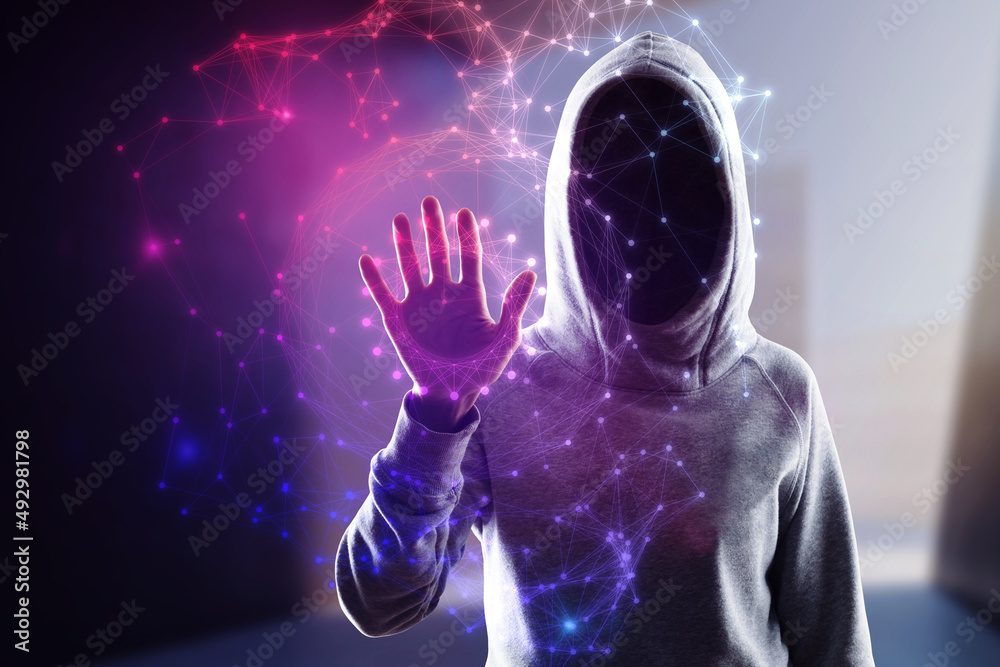 Hacker using abstract polygonal circles interface on blurry purple ...