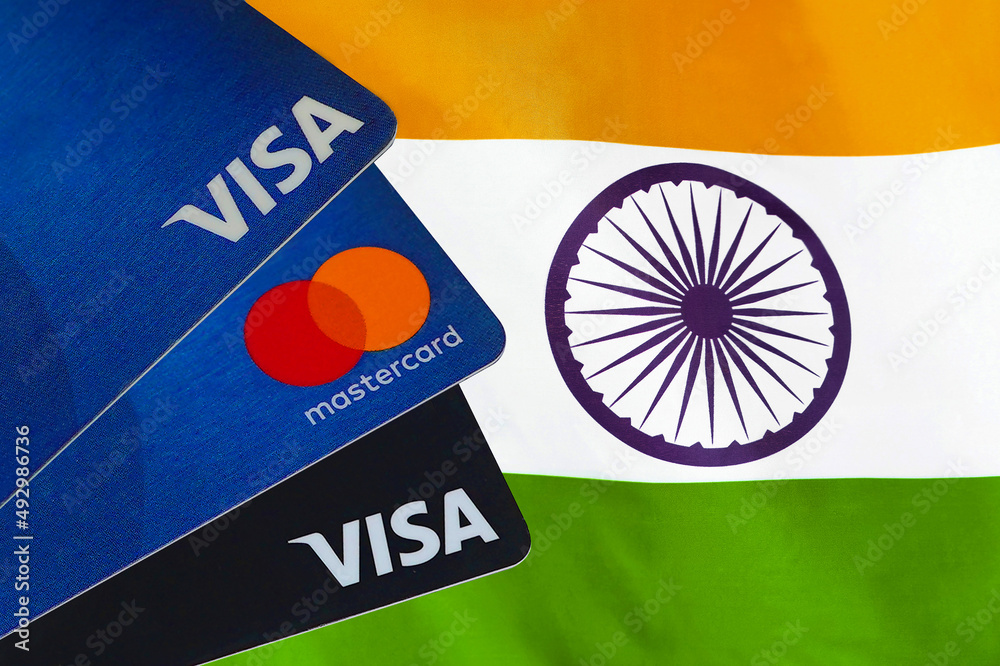 Visa Card, Mastercard, debit cards on India flag background. 10 March ...