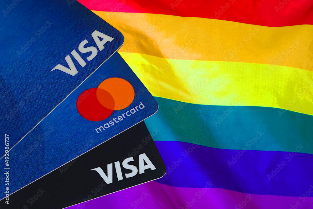 Visa Card, Mastercard, debit cards on LGBT flag background. Rainbow ...