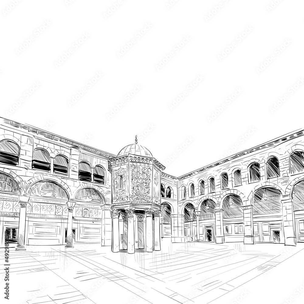 Umayyad Mosque. Damascus. Syria. Hand drawn sketch. Vector illustration ...