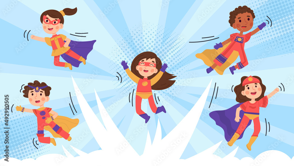 Child superhero, brave kid superhero cartoon characters. Cute kids in ...